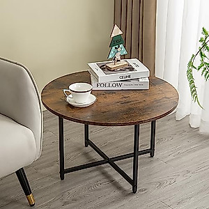 Round Coffee Table with Rustic Wooden Top & Sturdy Mental Legs Sofa Couches Table Side Table End Table Accent Table for Living Room Balcony Kitchen Modern Design Furniture 24 inches, Rustic Brown