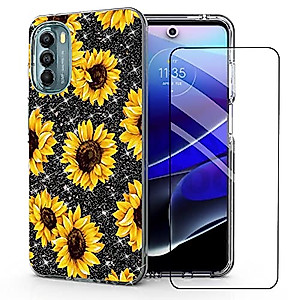 DDTKZC for Moto G Stylus 5G 2022 Phone Case，Moto G Stylus 5G 2022 Case Tempered Glass Protector Lustre Pattern-Sparkle 3 in 1 Clear Shockproof Case for Moto G Stylus 5G 2022 (Yellow Sunflower)