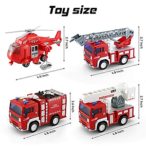 KeepRunning 4 Pack Friction Powered City Fire Rescue Vehicle Truck Car Set Including Helicopter, Boom Lift Truck,Ladder Fire Truck, and Fire Engine, with Light and Sounds/Sirens