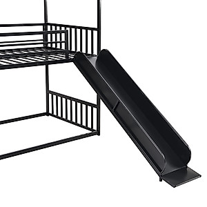 THINK 30 Metal House Bunk Bed, House Bed with Slide and Staircase, Twin Size, Black