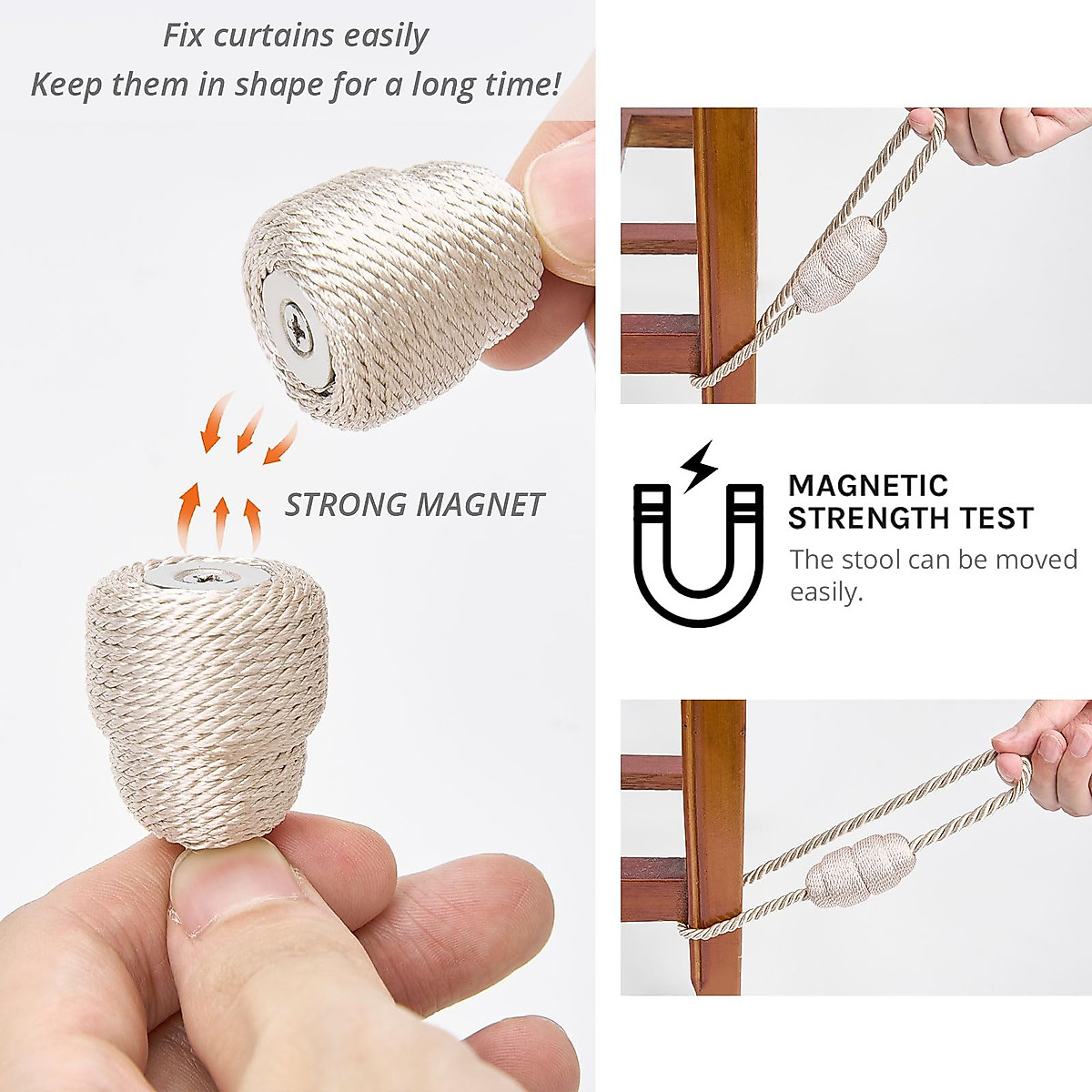NICEEC 2 Pack Strong Magnetic Curtain Tiebacks Handmade Weave Side Rope Curtain Holdbacks Unique & Elegant Decorative Curtain Drape Tie Backs for Home & Office & Outdoor Window Drapery (Beige)