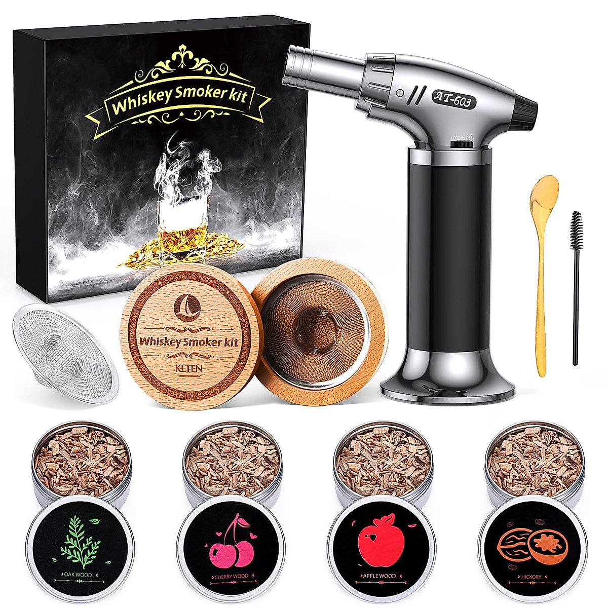 Cocktail Smoker Kit with Torch, Keten Whiskey/Bourbon/Old Fashioned Cocktail Kit with 4 Flavors Wood Chips, Drink Smoker and Whiskey Gifts for Men-Father, Friend and Loved(No Butane)
