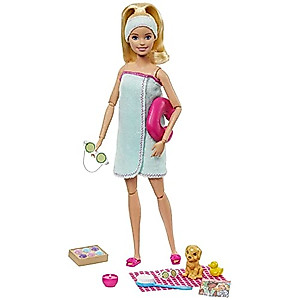 Barbie Spa Doll Toy Set with Puppy & 9 Accessories Including Neck Pillow, Rubber Duck & Cucumber Eye Masks, Blonde Doll
