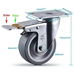 4 Inch Castets Set of 4 Heavy Duty Caster Wheels with Brake 2200Lbs Swivel TPR Rubber Wheel Silent Castor Locking Industrial Plate Casters Wheels for Cart Furniture Workbench, Free Bolts and Nuts
