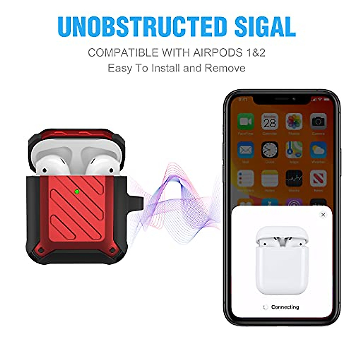 Maxjoy for Airpods 2 Case Cover, Airpods Protective Case Rugged Full-Body Hard Shell Shockproof Cover with Keychain Compatible with Apple Airpods 2 1 Charging Case (Front LED Visible), Red