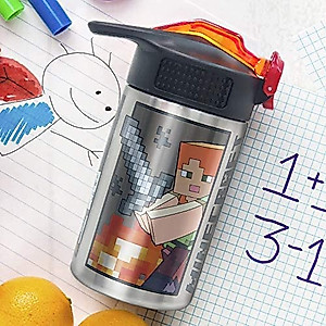 Zak Designs Minecraft - Stainless Steel Water Bottle with One Hand Operation Action Lid and Built-in Carrying Loop, with Straw Spout is Perfect for Kids (15.5 oz, 18/8, BPA-Free)