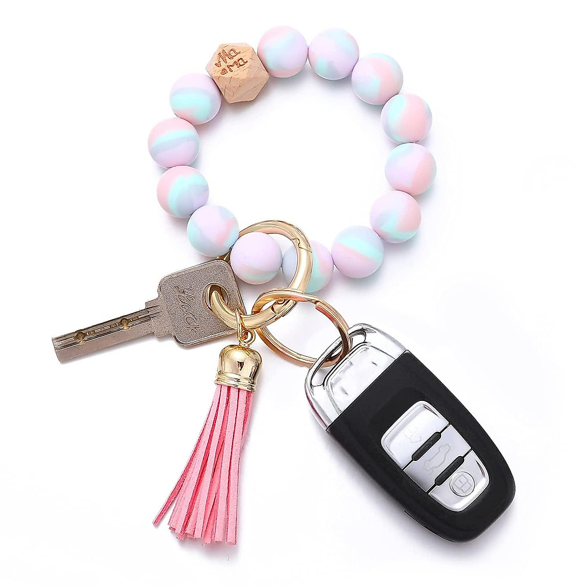 Mothers Day Gift Portable House Car Keys Ring Holder, Elastic Beaded Silicone Bracelet Bangle Wristlet Keychains W/Tassel