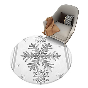 Grey Snowflake Fluffy Round Area Rug Carpets 5ft, Plush Shaggy Carpet Soft Circular Rugs, Non-Slip Fuzzy Accent Floor Mat for Living Room Bedroom Nursery Home Decor Winter Christmas Stripes Holiday