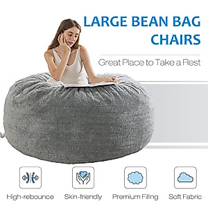 [Sherpa Fabric] Large Bean Bag Chair: 4 ft Memory Foam Bean Bag Chairs for Adults/Kids with Filling,Ultra Soft Faux Fur Fabric, Bean Bag with Filler for Living Room,4 Foot,Light Grey