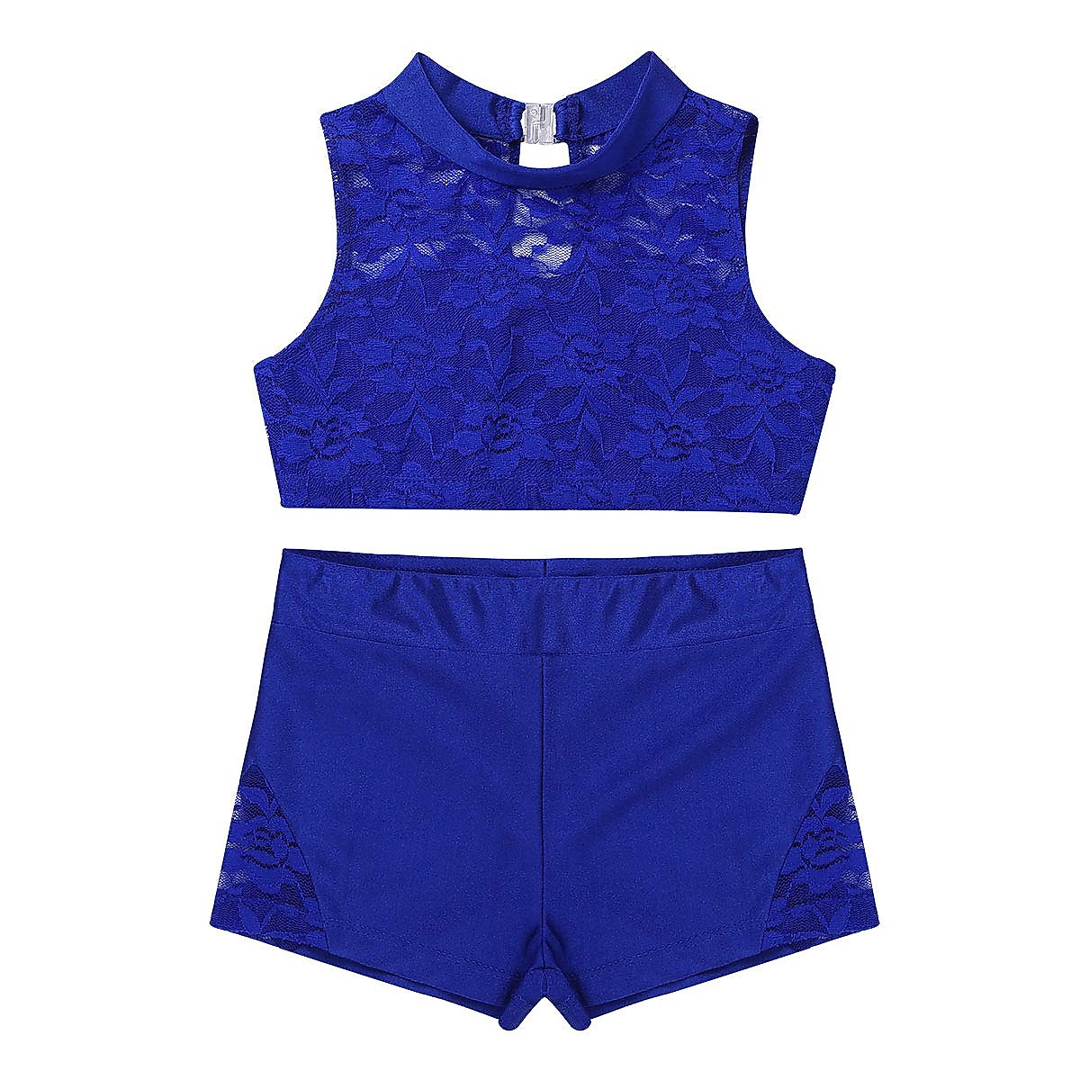 inlzdz Kids Girls 2PCS Tankini Sleeveless Racer Back Top with Booty Shorts Gymnastic Leotard Dancewear Sports Outfit Blue Turtleneck Lace 14