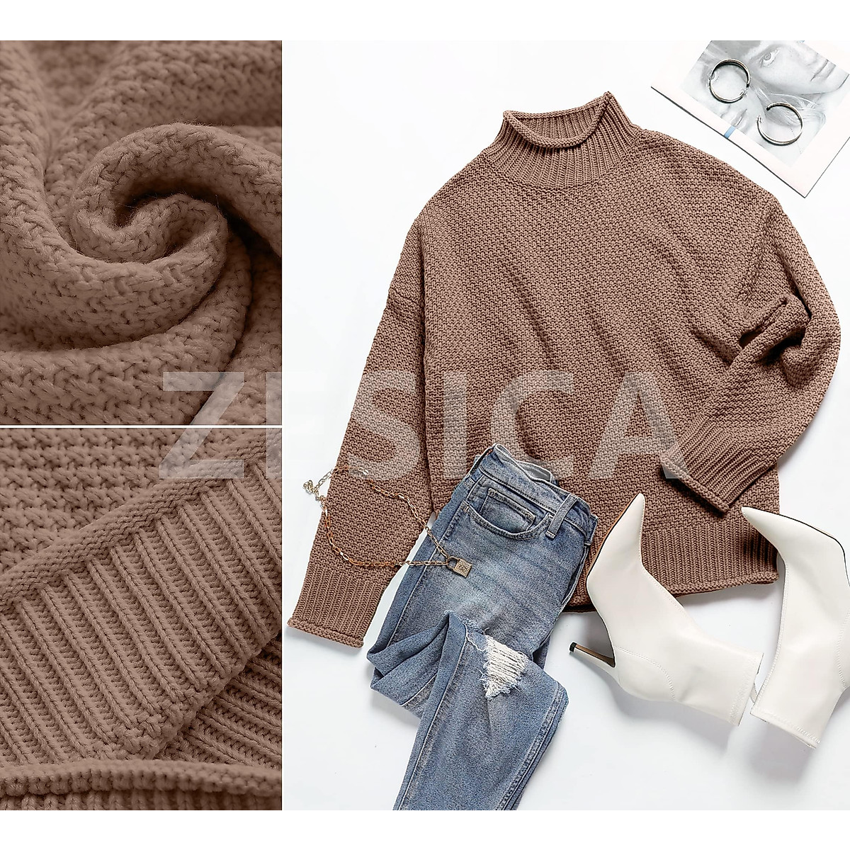 ZESICA Women's Turtleneck Batwing Sleeve Loose Oversized Chunky Knitted Pullover Sweater Jumper Tops,Khaki,Medium