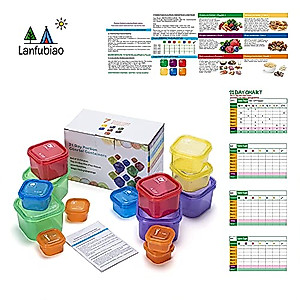 Lanfubiao Portion Control Containers for Weight Loss (14 Piece) - 21 Day Fix Measuring Cups and Food Plan with Free eBook, Multi Color and Label Engraved Healthy Diet Containers