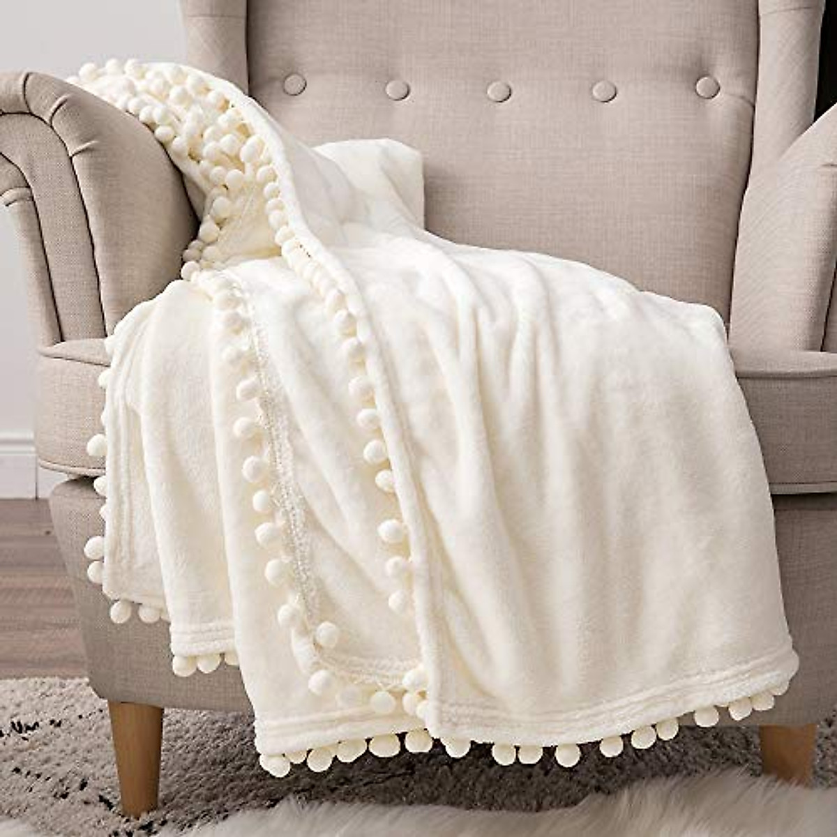 MIULEE Fleece Baby Blanket with Pompom Tassel for Boys, Girls, Kids, Infant, Newborn Soft Flannel Cozy Throw Blanket Fuzzy Plush Warm Boho Decor for Crib Stroller Nap 30"x40" Cream White