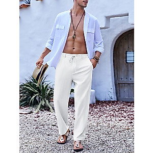 PASLTER Mens Cotton Pants Drawstring Casual Jogger Yoga Beach Pant Elastic Waist Slim Fit Trousers for Men White