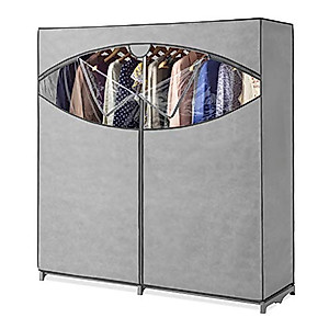 Whitmor Portable Wardrobe Clothes Storage Organizer Closet with Hanging Rack - Extra Wide -Grey Color - No-tool Assembly - Strong & Durable - 60inW x 19.5inD x 64in L - Not for outside use