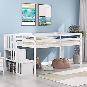 CITYLIGHT Low Loft Bed with Staircase,Twin Size Kids Loft Bed with Step Storage,Wood Loft Bed Frame Twin with Safety Guardrails for Girls, Boys,White