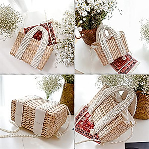 Yviv1yn Pearl Rattan Women Handbags Beading Wicker Woven Shoulder Bags Luxury Summer Beach Straw Bag Large Tote Baskets (Color : Medium, Size : One Size)