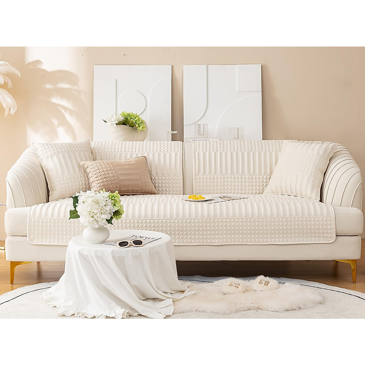 Huierxun Solid Color Quilted Plush Sofa Cover Sofa Slipcover Non-Slip Sectional Couch Covers Anti Cat Scratch Armrest Backrest Recliner Cover (Beige,28''x28'')