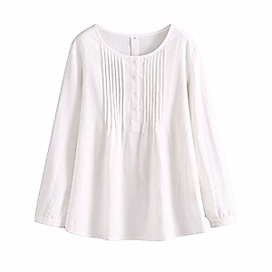 Minibee Women's Scoop Neck Pleated Blouse Solid Color Lovely Button Tunic Shirt White M