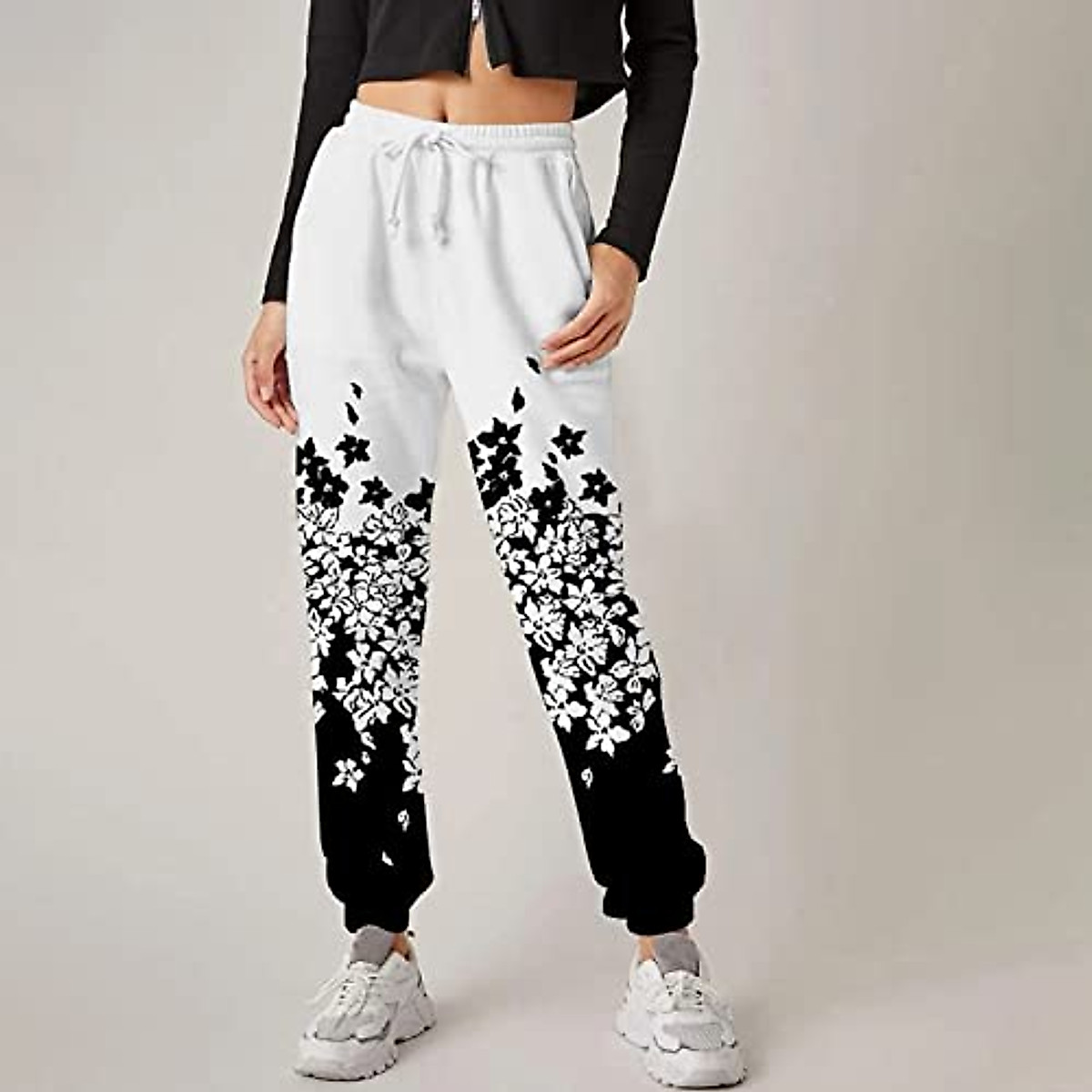 White L Cotton Women's Sweatpants With Pockets Elastic Waistband Linen Summer Baggy Leggings Boho Flower Fall Pants Vintage Graphic Patchwork Warm