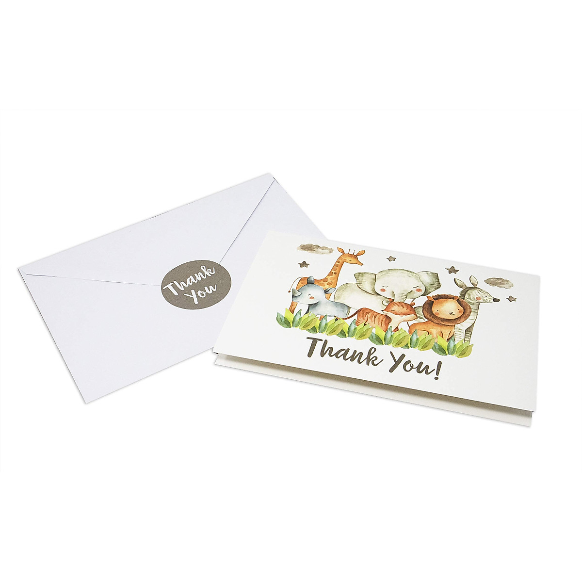 36 Safari Thank You Cards Boxed With Envelopes and Stickers, Kids or Baby Shower Thank You Note, Jungle Greenery Gold 4x6 Varied Zoo Animal Giraffe Gratitude Card Pack For Party, Girl Boy Children Birthday Stationery