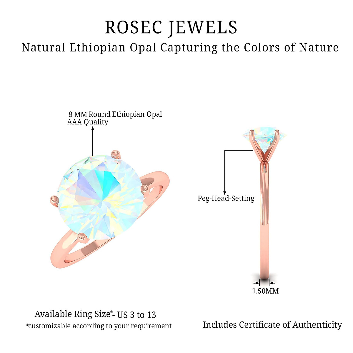 Natural Ethiopian Opal Engagement Ring, AAA Quality, Rainbow Opal 8mm Round Shape Engagement Ring - With Jewelry Box, 14K Rose Gold, Size:US 8.50