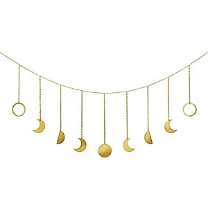 Mkono Moon Phase Wall Hanging Boho Aesthetic Room Decor Metal Moons Garland Hanging Art Bohemian Home Decoration for Girls Room Nursery Bedroom Livingroom Dorm, Ideal Gift, Gold, 50"