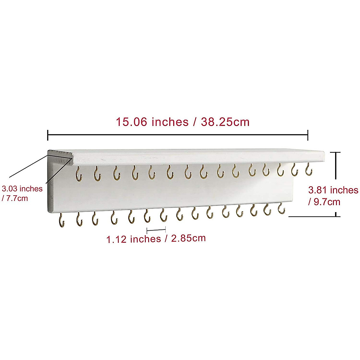 SANY DAYO HOME Jewelry Organizer with 30 Hooks and Cosmetics Shelf, 15 x 3 x 4 inches Wall Mounted Rustic Pine Wood Holder for Necklaces and Bracelets, Suitable for Kids and Adults (Retro White)
