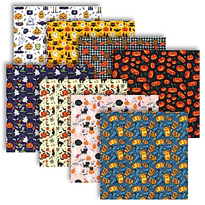 Halloween Fabric,Halloween Fat Quarters Fabric Bundles 8 PCS,Skull Pumpkin Spooky Theme Fabric 19.7 X 19.7 in for Sewing Dressmaking Thanksgiving Fall Festival Party DIY Sewing Craft Decorations