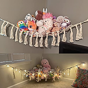2 Pack Stuffed Animal Net or Hammock with Led Light stuffed animal hammock Boho Plush Stuffed Animal Holder Hanging Storage Nets Kids Bedroom, 45" x 45" x 60", White