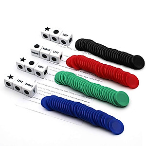 Spidfee Rigth Left Center Dice Game Set with 3 Dices + 36 Chips - 4 Sets Assorted Colors - (4 Pack)
