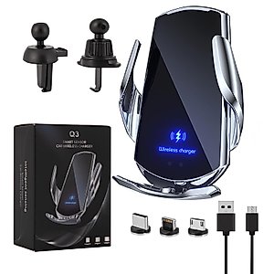 LFNOWN Wireless Car Charger Car Phone Holder Mount Wireless Charging 15W Fast Charging Auto Clamping Car Charger Phone Mount Phone Holder fit for All Android Smartphone(Silver)