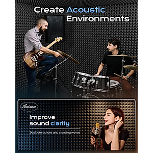 Sonicism 12 Pack Pyramid Sound Proof Foam Panels with Self-Adhesive, 12" X 12" X 2" Acoustic Foam Panels of High Density, Soundproof Wall Panels Fast Expand, Sound Absorption and Decoration (Black)