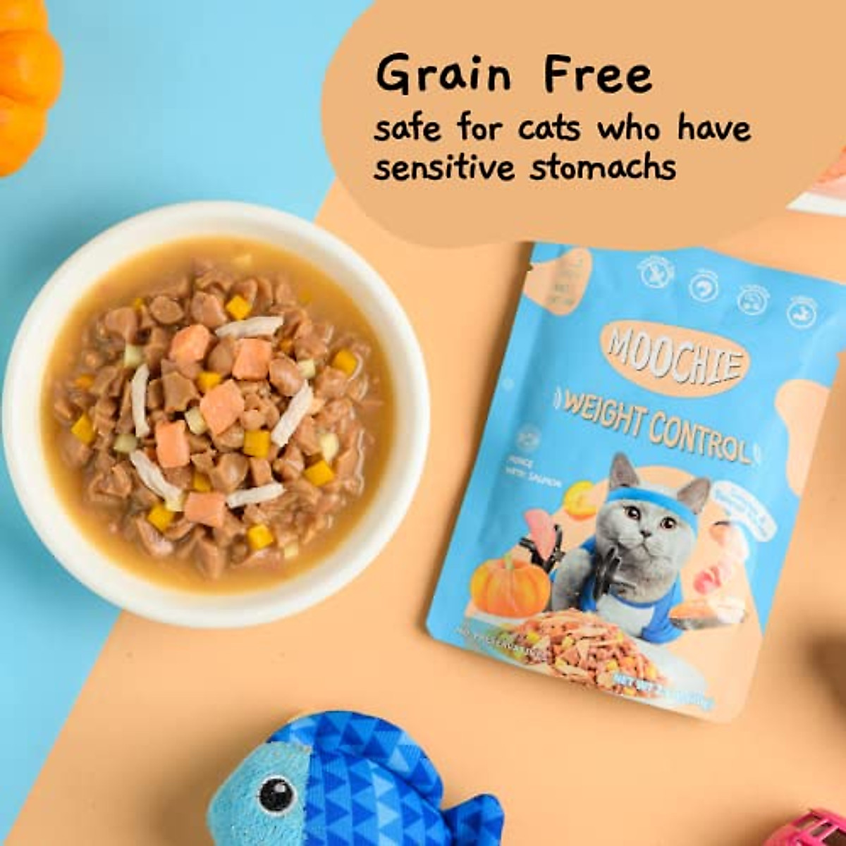 MOOCHIE Wet Cat Food - Weight Management - Grain Free Wet Cat Food - Minced Salmon & Prebiotics - No Added Preservatives or Artifical Flavoring - Adult Cat Food - 12 x 2.5oz Pouch