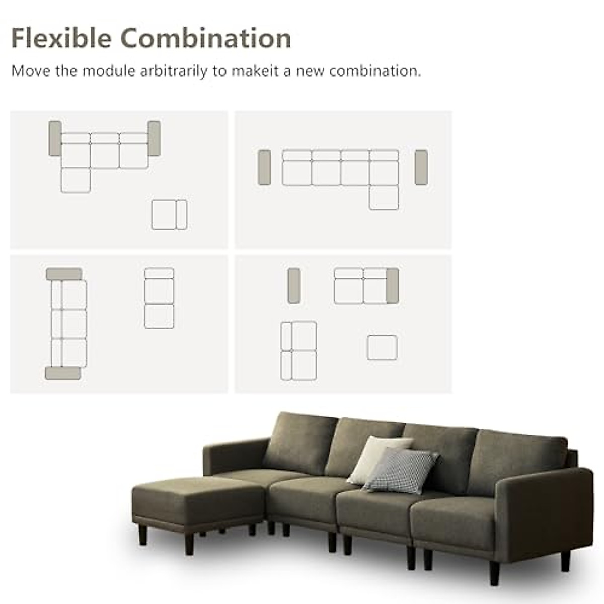 Mxfurhawa Modular Sectional Sofa with Ottoman, 128.6" Oversized L Shaped Couch with Reversible Chaise, Convertible Velvet Sleeper Couch for Living Room (Linen - Dark Grey, 4 Seat + 1 Ottoman)