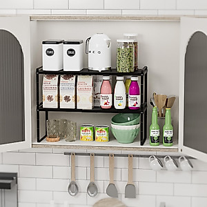 SANNO Expandable Cabinet Shelf Rack,Large Kitchen Cupboard Organizer Stackable Counter Shelf Organizer large Expandable Shelves Cupboard Organizer Rack, Black, 3 pack