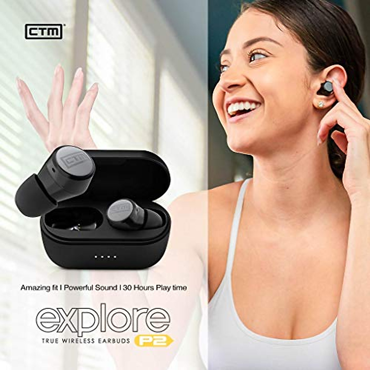 CTM Explore P2 True Wireless Earbuds | Bluetooth 5.0 Button Controls & Magnetic Charging Case | IPX6 Earphones | Sports Headset | Built-in Mic | by Clear Tune Monitors