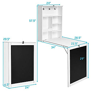 Tangkula Folding Floating Desk with Chalkboard, Wall Mounted Space Saving Fold Up Convertible Table with Storage Shelves & Hooks (White)