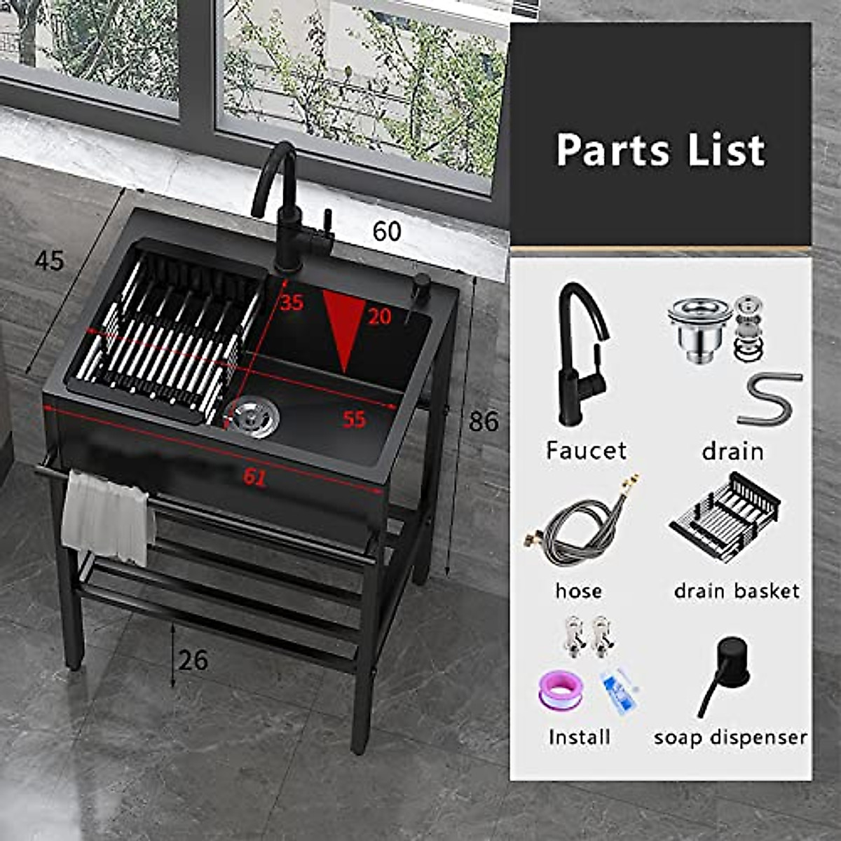 SKIHOT Commercial Kitchen Sink,Single Bowl Commercial Kitchen Sink Workbench,Stainless Steel Utility Sink, Utility Kitchen Sinks Faucet/Drain Kit 60 * 45 * 86cm/23.6 * 17.7 * 33.9in