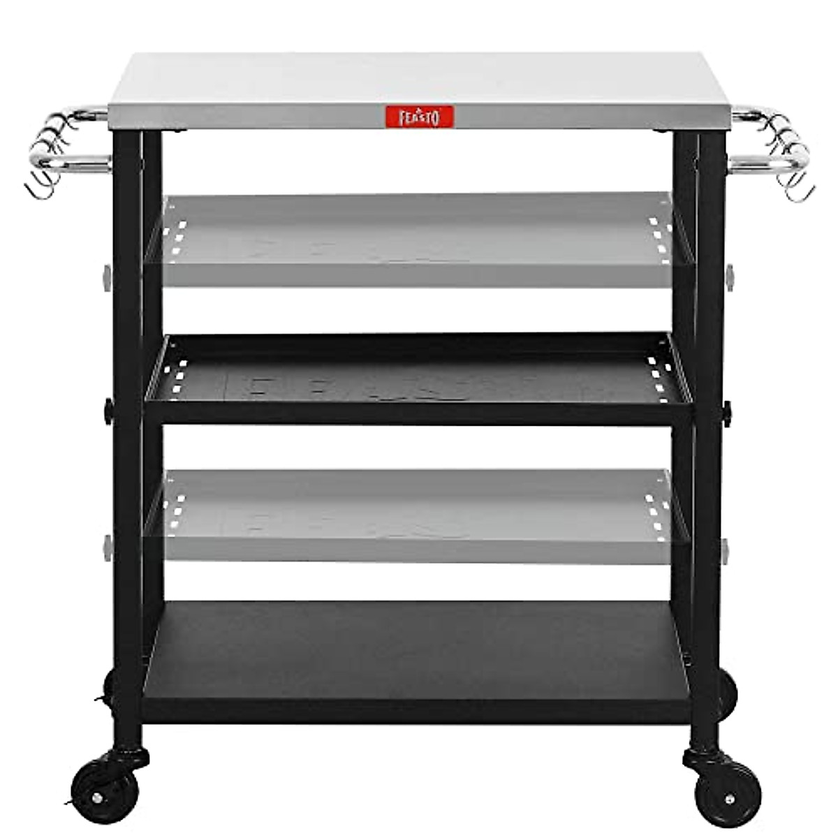 Feasto Rolling 3-Tier Adjustable Outdoor Pizza Oven Table and Food Prep Cart Table, Home and Outdoor Multifunctional Stainless Steel Table Top Worktable on Four Wheels, L34’’x W16.1’’x H33’’