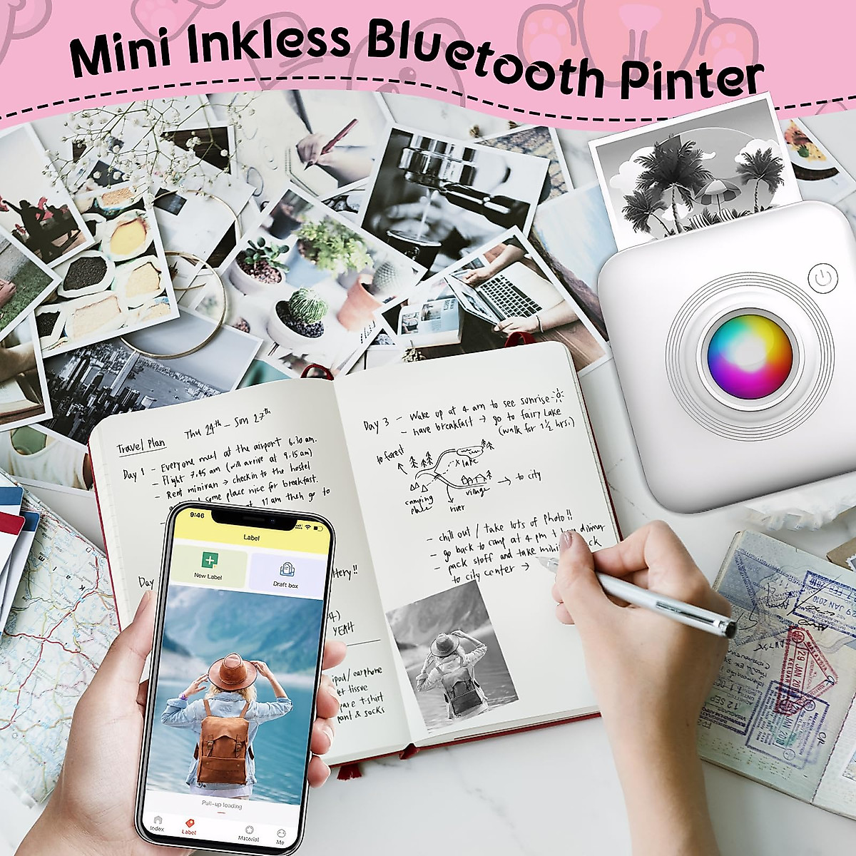 Qoosea Mini Printer Portable Printer with 13 Rolls Paper Storage Bag Thermal Sticker Printer Bluetooth App for Phone for Notes Pictures DIY Label Gift for Kids Friends