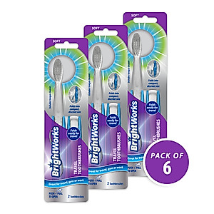 BrightWorks Folding Travel Toothbrush (6 Total, 3 Sets of 2) with Built-in Cover. Portable with Soft Bristles and Tongue Cleaner. for Camping, Hiking, Travel, Work, Gym, Purse, Backpack.