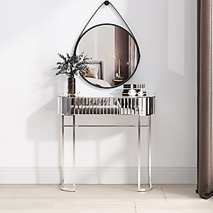 intahic Mirrored Dressing Table Makeup Vanity Table Mirrored Console Table Stainless Steel Base Frame with 1 Drawer for Women Home Office Desk bedroom furniture (A-mirrored)