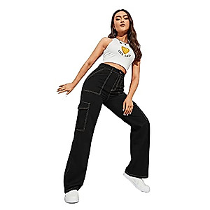 SweatyRocks Women's High Waist Cargo Jeans Flap Pocket Wide Leg Denim Pants Solid Black XXS