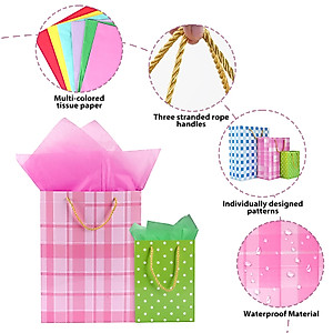 Moretoes 12 Pack Gift Bags Assorted Sizes and Designs, Gift Bag Set with Handle and Tissue Paper for Birthday, Baby Showers, Wedding, Valentine's Day (4 Small 8", 4 Large 13", 4 Extra Large 16")