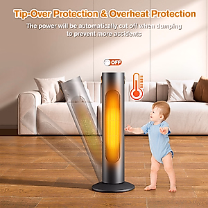 2-1 Electric Space Heaters For Indoor Use, 25" Tower Heater And Fan Combo, 70°Oscillating, 3S Instant Heating,1500W, 3 Heating & Fan Modes, Electric Portable Heater For BedroomOfficeHome, Dark Black