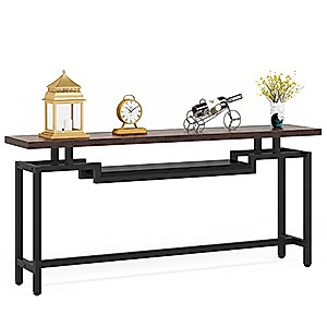 Tribesigns 70 inch Sofa Table, Narrow Long Console Table with 2 Tiers, Industiral TV Console Behind Couch Table with Storage for Entryway, Living Room, Brown & Black