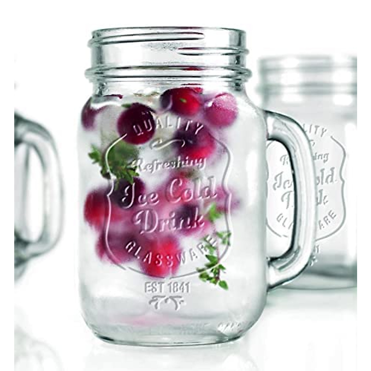 Glaver's Mason Drinking Jars – Set of 4, 16 Oz Clear Glass Jars – With Convenient Handle and Ice-Cold Embossed Logo – Ideal for Hot and Sunny Days – Perfect Glass Cups for Cold Drinks