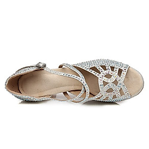 AOQUNFS Rhinestones Latin Dance Shoes Salsa Ballroom Practice Perfermence Dance Shoes for Women, Silver-L458-7.5,US7