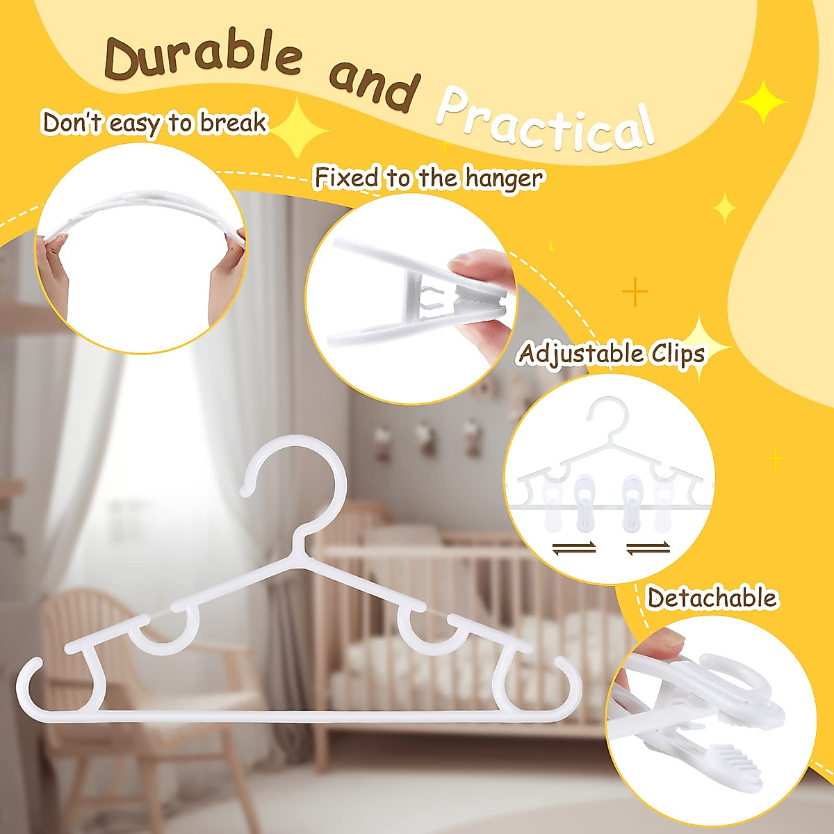 Hsei 120 Packs Baby Hangers with Clips Toddler Hangers Kids Hangers with Clips for Pants Closet Coat Skirts Socks (White)